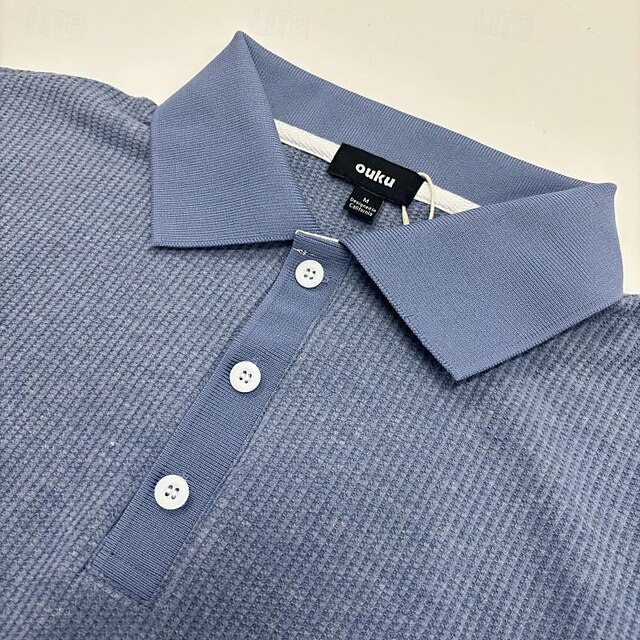 Men's Waffle Polo Shirts Textured Casual Holiday Lapel Ribbed Polo ...