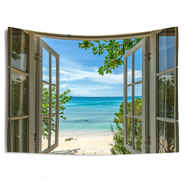 Window View Beach Hanging Tapestry Wall Art Large Tapestry Mural Decor ...