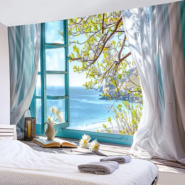 Window View Beach Hanging Tapestry Wall Art Large Tapestry Mural Decor ...