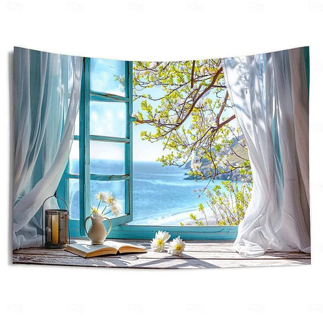 Window View Beach Hanging Tapestry Wall Art Large Tapestry Mural Decor ...
