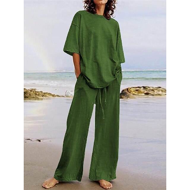 Women's Loungewear Sets Pure Color Basic Street Daily Cotton And Linen ...