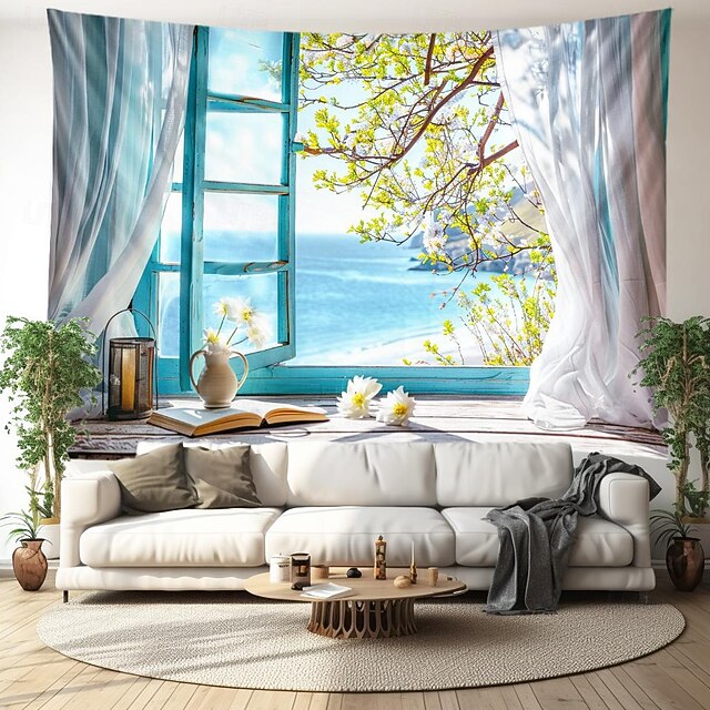 Window View Beach Hanging Tapestry Wall Art Large Tapestry Mural Decor ...