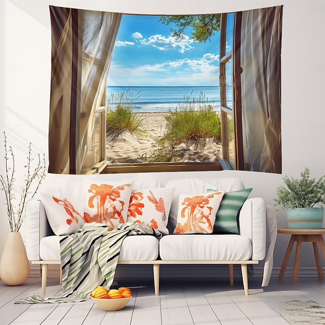 Window View Beach Hanging Tapestry Wall Art Large Tapestry Mural Decor ...