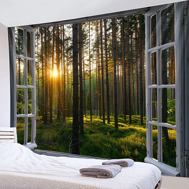 Window Forest View Hanging Tapestry Wall Art Large Tapestry Mural Decor ...