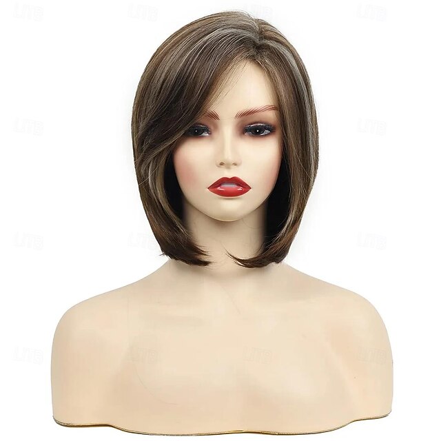 Wig Natural Wave Asymmetrical With Bangs Wig Short Light Brown ...