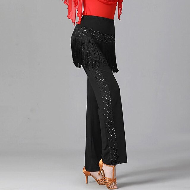 Latin Dance Ballroom Dance Pants Tassel Pure Color Splicing Women's ...