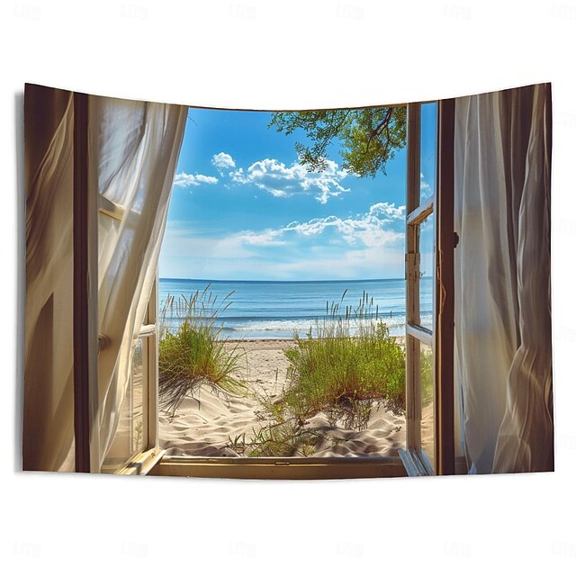 Window View Beach Hanging Tapestry Wall Art Large Tapestry Mural Decor ...