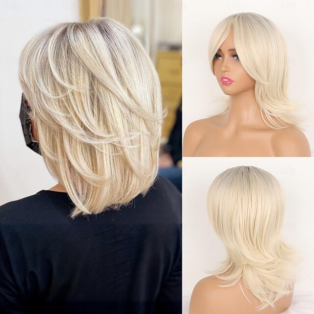 Wavy Layered Wigs with Curtain Bans for Women Short Platinum Blonde ...
