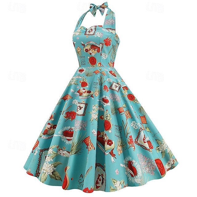 Retro Vintage 1950s Rockabilly Swing Dress Flare Dress A-Line Halter ...