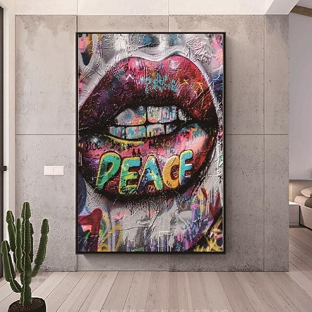 Graffiti art oil painting handmade lip canvas with peace writing lip ...