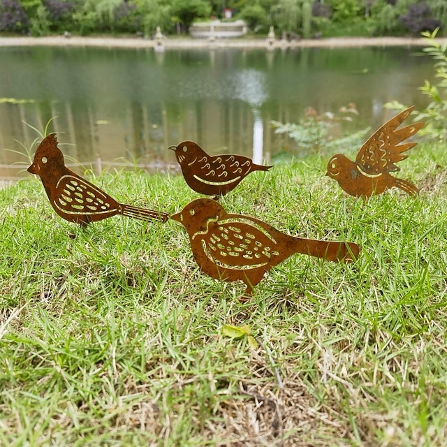 Iron Rusty Birds Ground Stake Set, Garden Decoration Rust Birdie with ...
