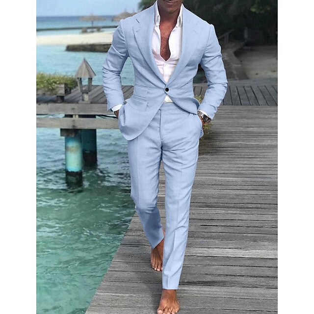 Men's Wedding Linen Suits Beach Summer Solid Colored 2 Piece Tailored ...