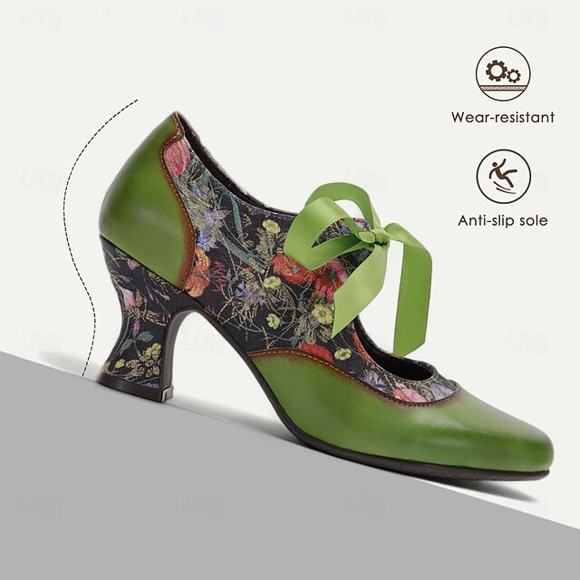 Women's Green Leather Mary Jane Heels with Floral Print, Ribbon Ties ...