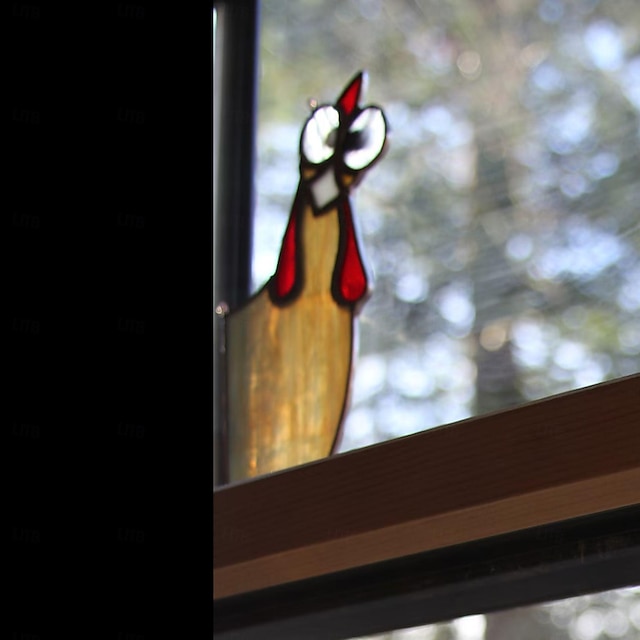 Funny Rooster Stained Glass Bird Window Corner Decor,Rooster Yard Decor ...