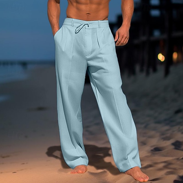 Men's Trousers Summer Pants Beach Pants Drawstring Pleats Straight Leg ...