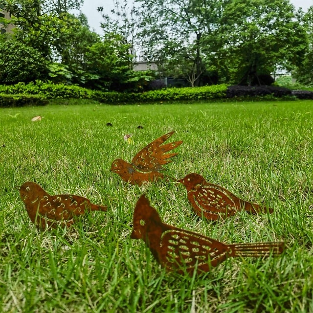 Iron Rusty Birds Ground Stake Set, Garden Decoration Rust Birdie with ...