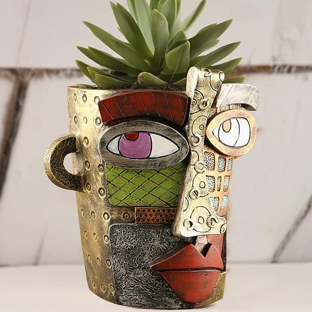 Brutalist Abstract Beauty Face Flower Pot Colorful Resin Head Planter ...