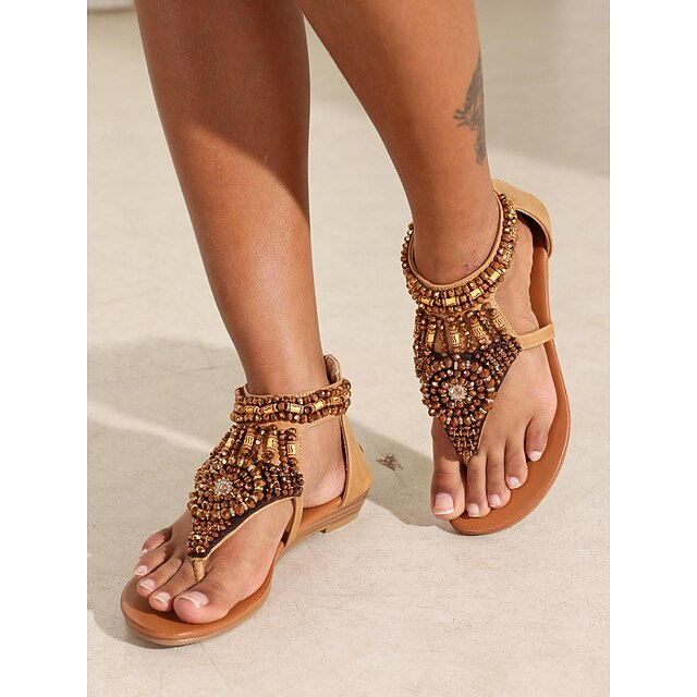 Women's Boho Beaded T-Strap Sandals with Rhinestone Accents – Stylish ...