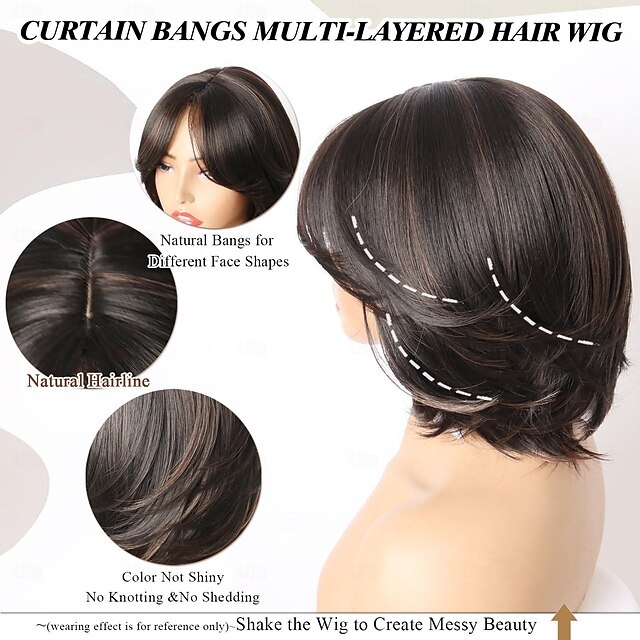 Short Layered Wigs With Curtain Bangs Brown BOB Layered Wigs for Women ...