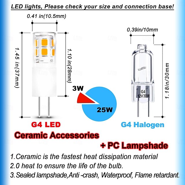 g4 bi-pin led-pærer t3, 12v 3w, 20w-30w halogenekvivalent, 300lm 2700k ...