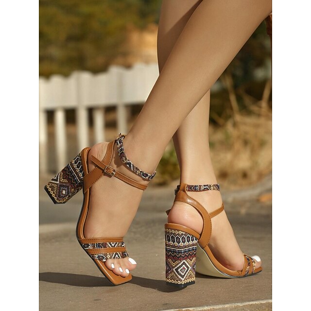 Women's Boho-Chic Patterned Strap Heels with Textured Block Heel ...