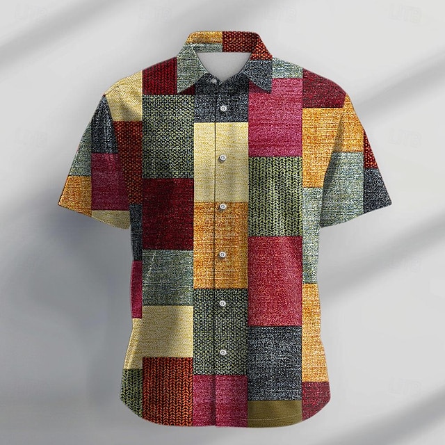 Men's Plaid / Check Patchwork Geometric Pattern Shirt Button Up Shirt ...