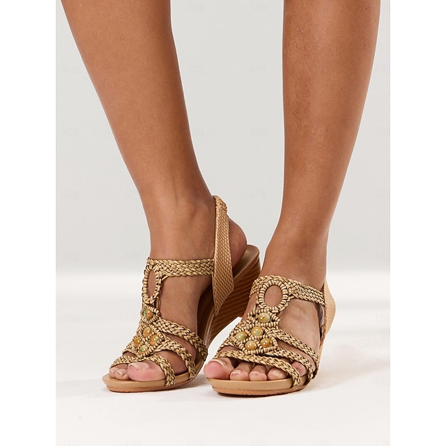 Women's Boho Braided Wedge Sandals with Beaded Embellishments – Stylish ...