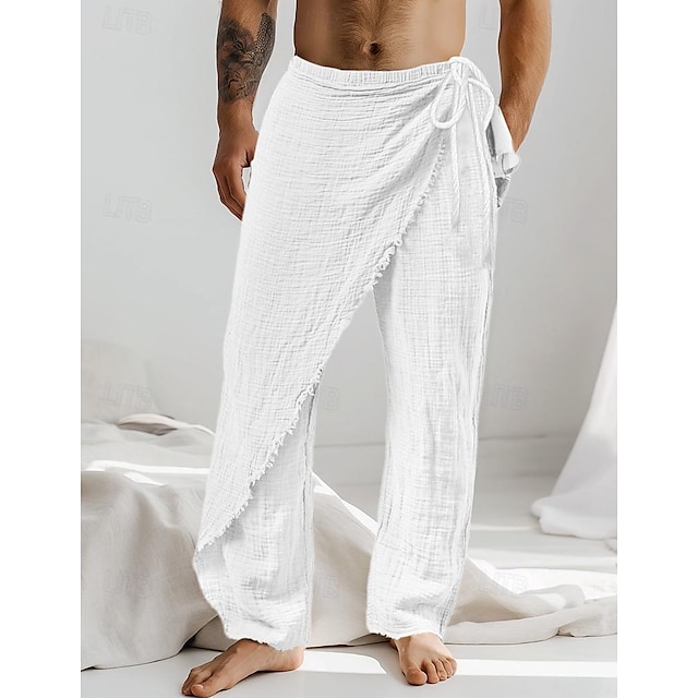 Men's Linen Pants Trousers Summer Pants Drawstring Elastic Waist ...