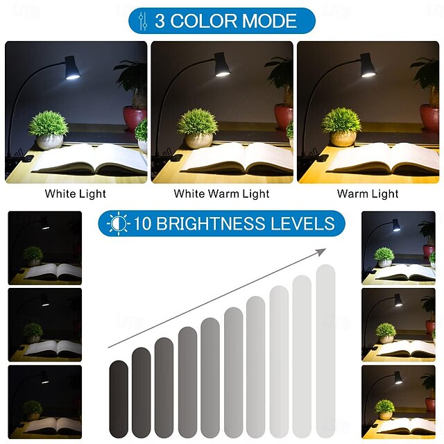 USB LED Desk Lamp Clip on Reading Light, 3 Light Mode 10 Dimmable ...