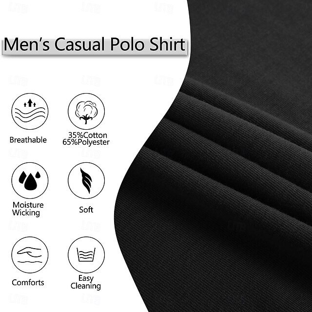 Men's Cotton Polo Shirt Golf Polos Shirts Work Casual Lapel Ribbed Polo ...