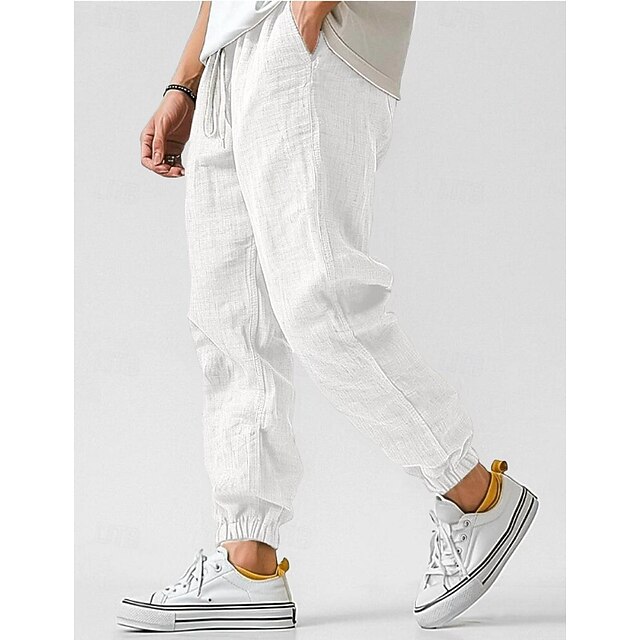 Herr Linne Byxor Långbyxor Sommarbyxor Elastisk midja Rakt ben Högsta ...