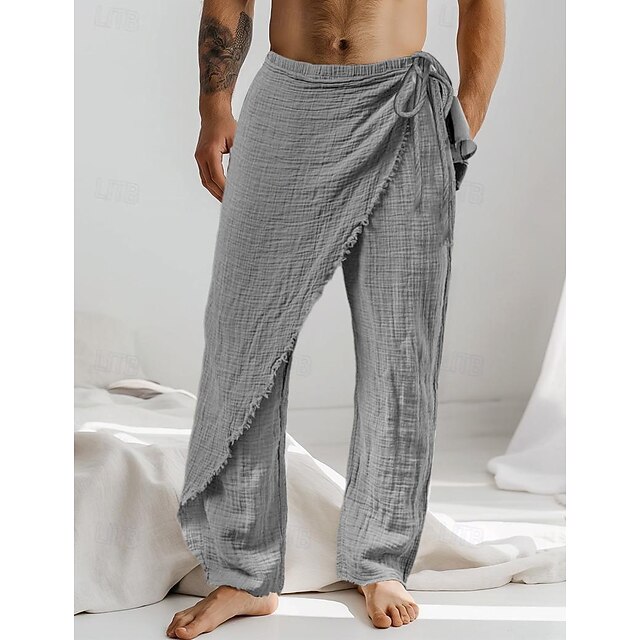 Men's Linen Pants Trousers Summer Pants Drawstring Elastic Waist ...