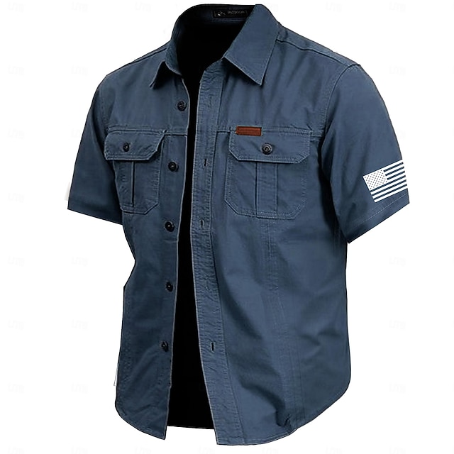 Men's Solid Color Work Shirt Western Shirt Cargo Shirt Short Sleeve ...
