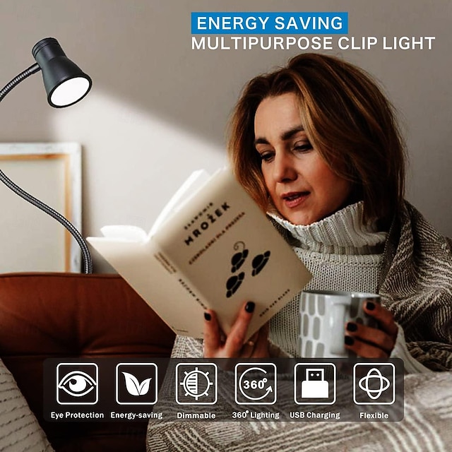 USB LED Desk Lamp Clip on Reading Light, 3 Light Mode 10 Dimmable ...