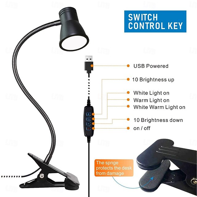 USB LED Desk Lamp Clip on Reading Light, 3 Light Mode 10 Dimmable ...