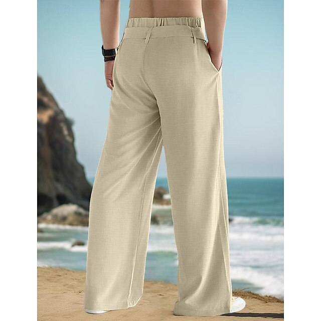 Men's Linen Pants Trousers Summer Pants Drawstring Elastic Waist ...