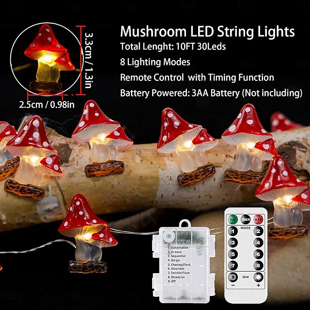 Mushroom String Lights Remote Control 8 Modes Lighting 10ft 30LEDs Battery Operation Home ...