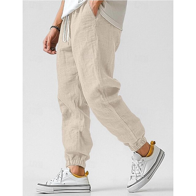 Herr Linne Byxor Långbyxor Sommarbyxor Elastisk midja Rakt ben Högsta ...