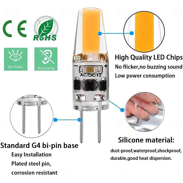 10pcs G4 LED Bi-pin Bulbs 2W Equivalent to 20W T3 JC Type Bi-Pin G4 ...