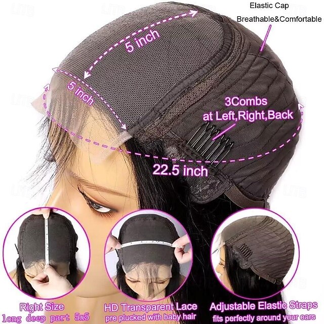 Perruques en cheveux humains 100 % vierges non traités, avec fermeture en dentelle 5x5, sans ...