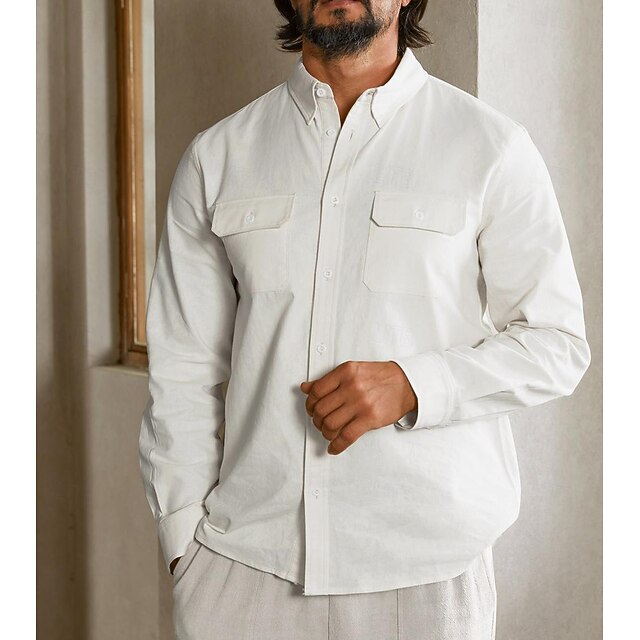 Men's Linen Shirt White Long Sleeve Fold-over Collar Summer Spring ...
