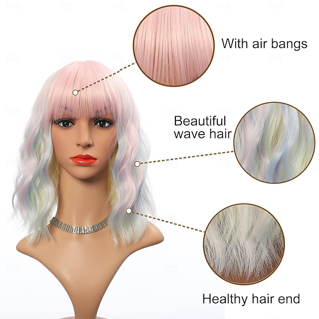Colored Wig Natural Wavy Wig With Air Bangs Short Bob Piano Color Wigs ...