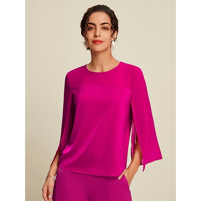 Satin Solid Color Split Crew Neck Blouse 2025 - $31.99