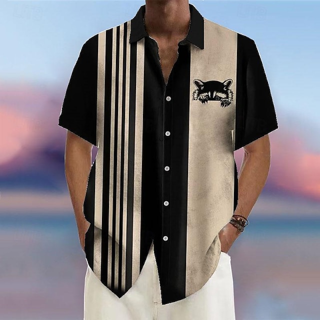 Men's Striped Geometric Pattern Geometry Shirt Bowling Shirt Button Up ...