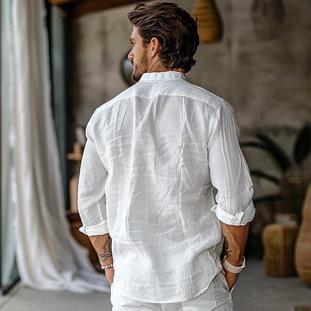 Men's Linen Shirt White Long Sleeve Fold-over Collar Summer Spring ...