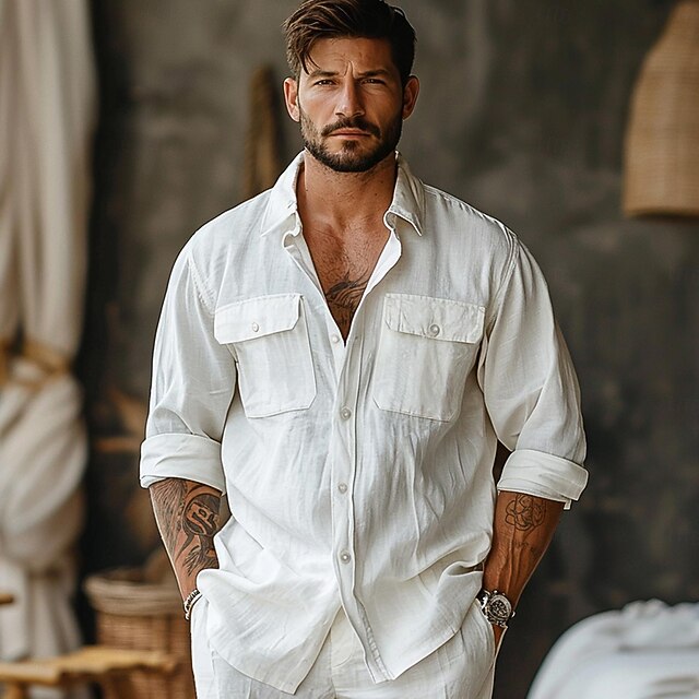 Men's Linen Shirt White Long Sleeve Fold-over Collar Summer Spring ...