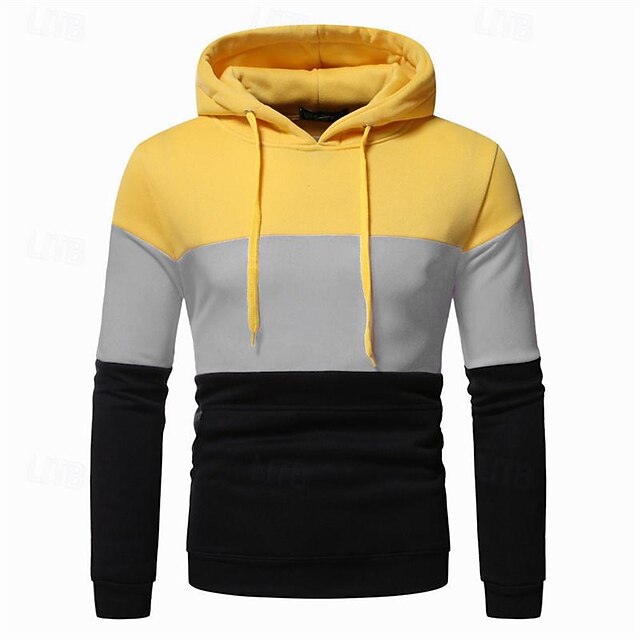 Men's Hoodie Yellow Army Green Red Gray Hooded Color Block Patchwork ...
