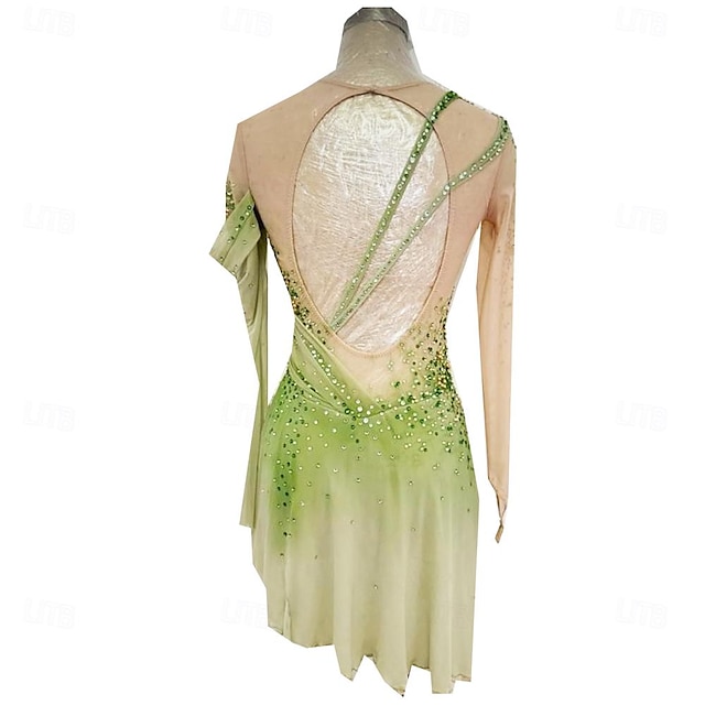 Figure Skating Dress Women's Ice Skating Skirt Dress Green+Yellow Thumbhole Open Back Spandex ...