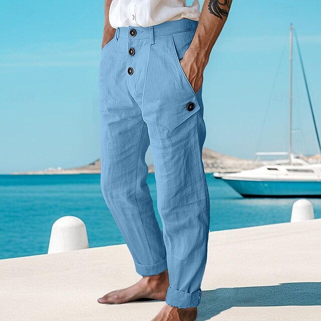 Men's Linen Pants Trousers Summer Pants Front Pocket Straight Leg Plain ...