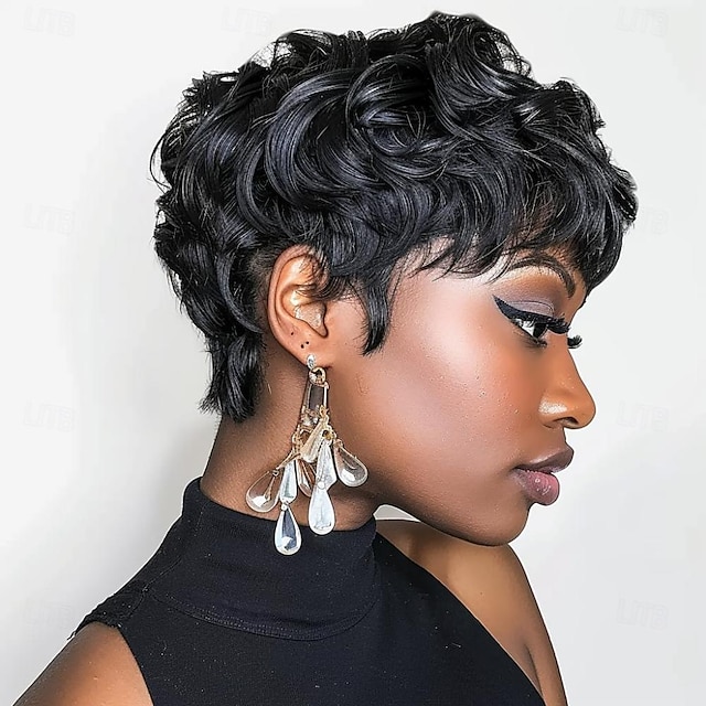 Human Hair Wig Short Curly Pixie Cut Natural Black Adjustable Natural ...